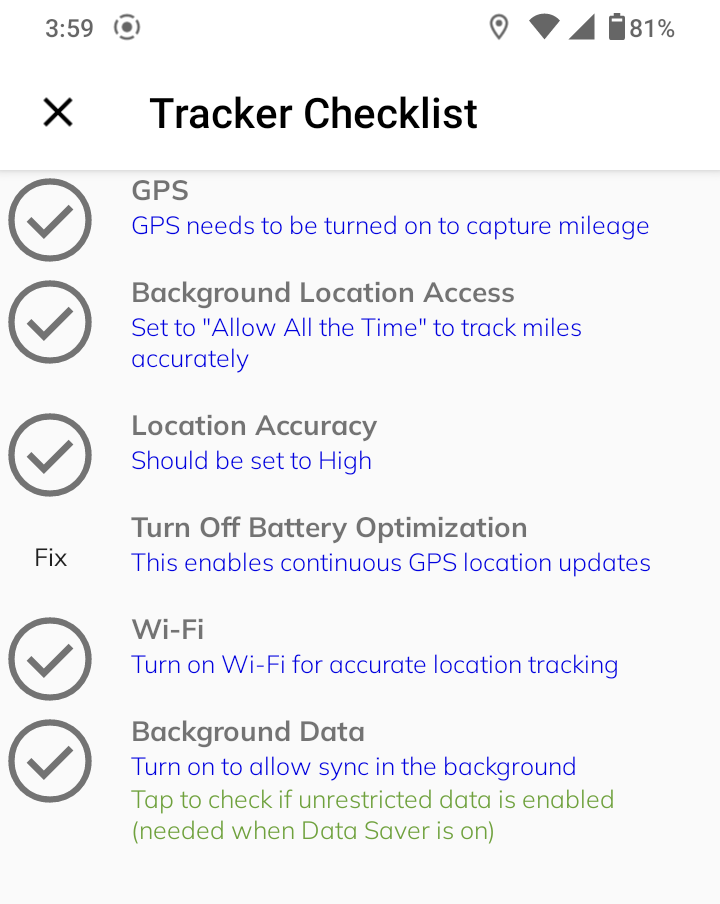 Tracker Checklist for iOS and Android